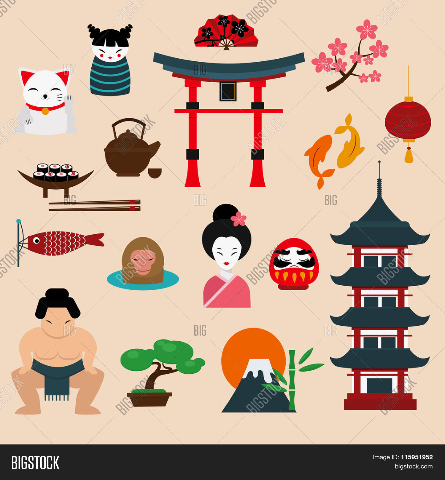 Japan travel vector illustration. Vacation time, Japan details. Sakura ...