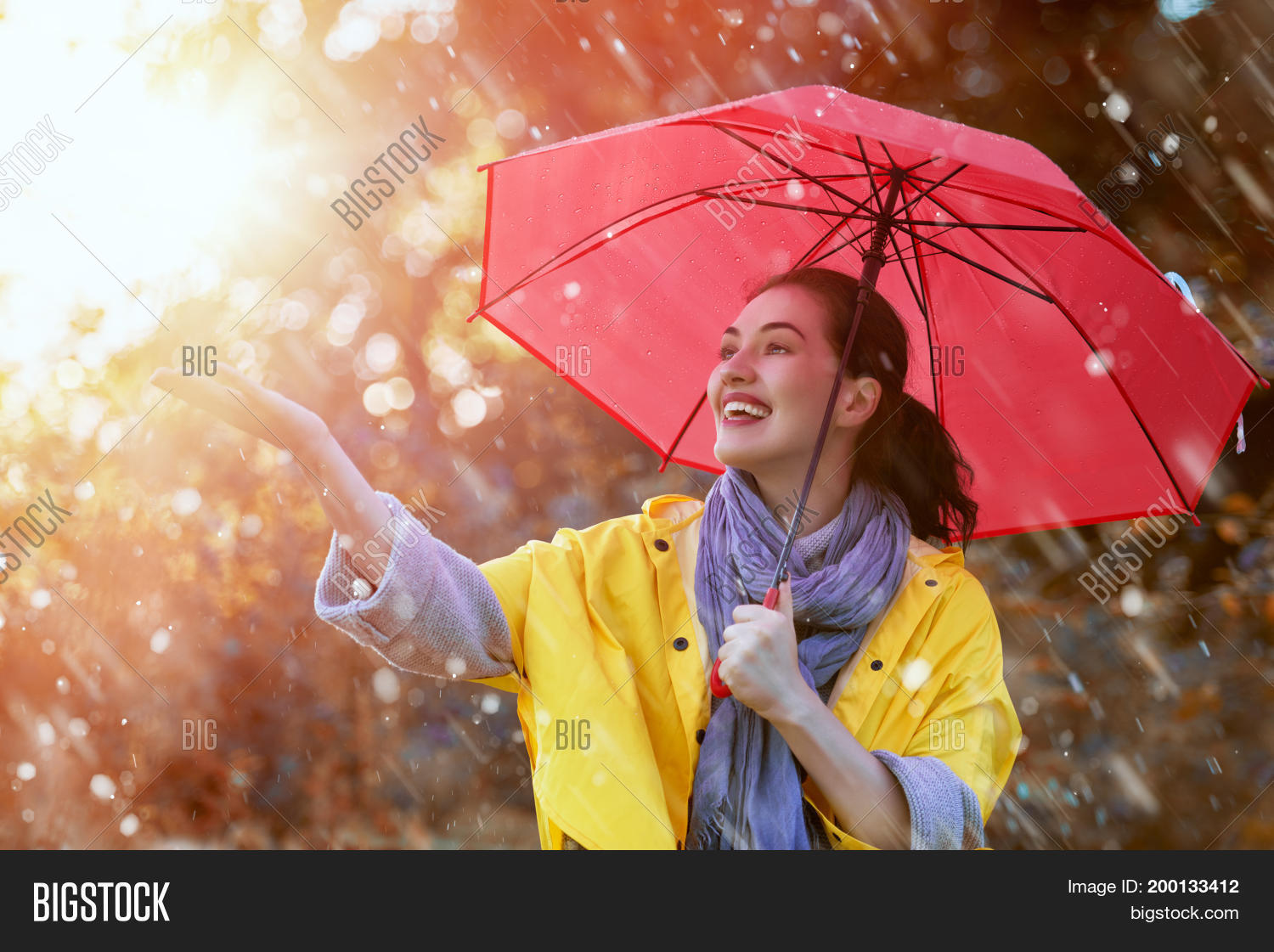Happy Girl With Umbrella In Rain