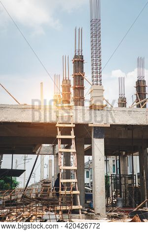 Unsafe Work On Construction Site. Rebar Iron Used For New Building ...