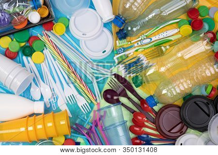 Disposable single use plastic objects such as bottles, cups, forks ...