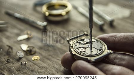 Mechanical Watch Repair, Watchmakers Workshop, Special Tools - Stock ...