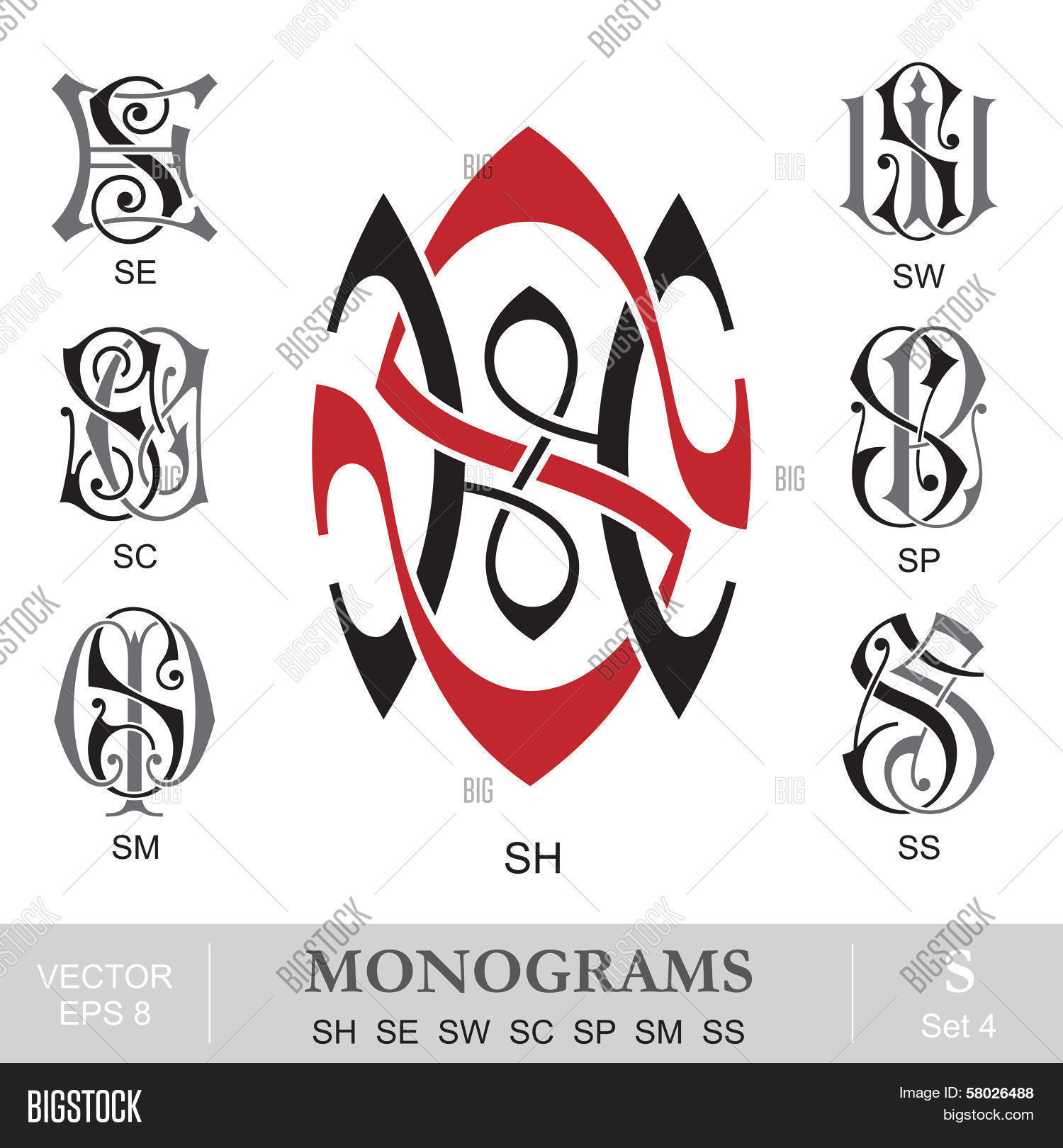 Vintage Monograms SH Vector & Photo (Free Trial) | Bigstock
