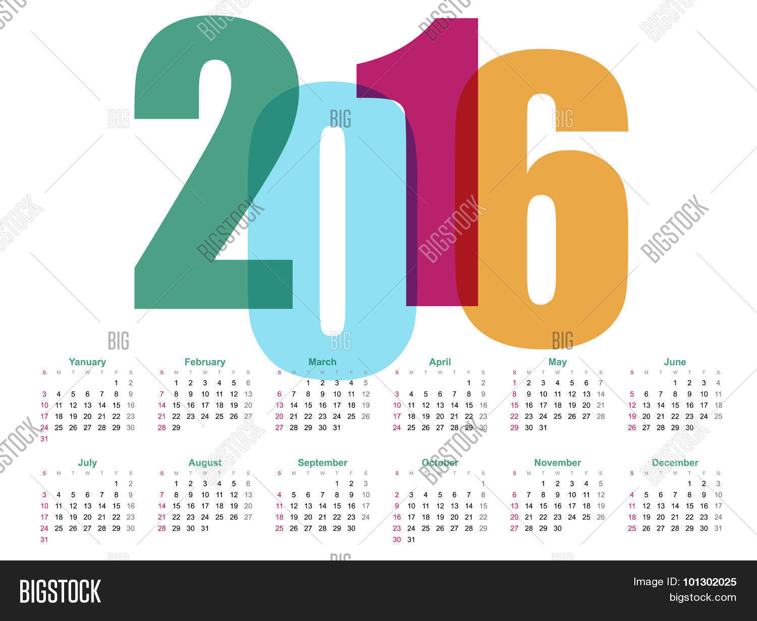 Year Calendar. Vector Vector & Photo (Free Trial) | Bigstock