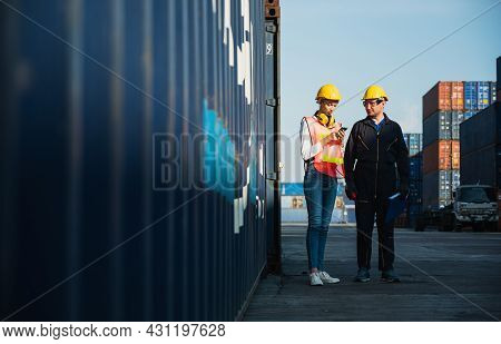 Two Foreman Man & Woman Worker Working Checking At Container Cargo ...