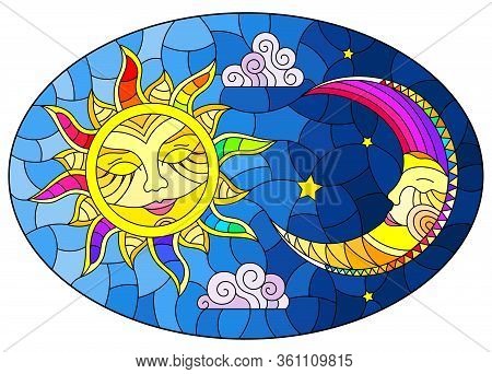 Illustration In Stained Glass Style , Abstract Sun And Moon In The Sky ...