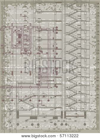 Grunge Vertical Architectural Background With Elements Of Plan And ...