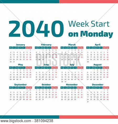 2040 Calendar Weeks Vector & Photo (Free Trial) | Bigstock