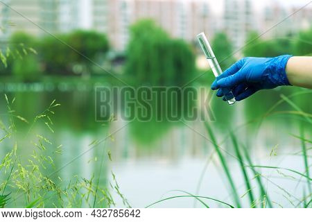 A Gloved Hand Collects Water Into A Test Tube. Sampling From Open Water ...