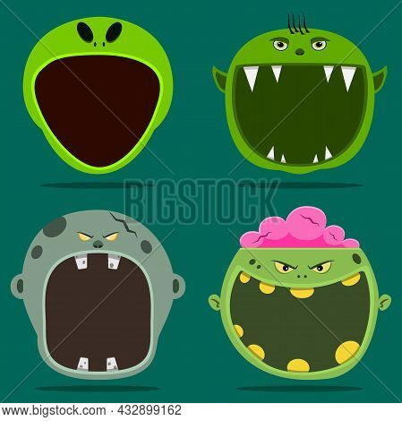 Four Halloween Character Head And Open Mouth. Alien, Goblin, Grey ...