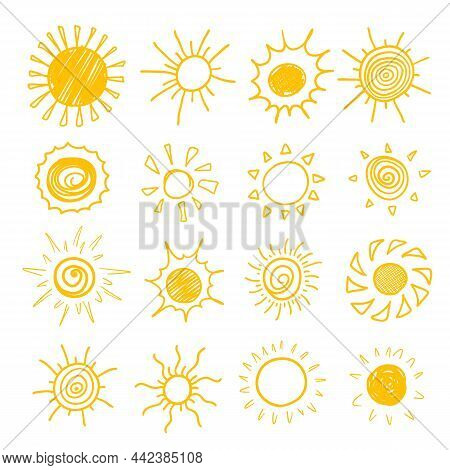 Doodle Sun Set. Different Hand Drawn Suns. Summer Scribbled Sun Doodles ...
