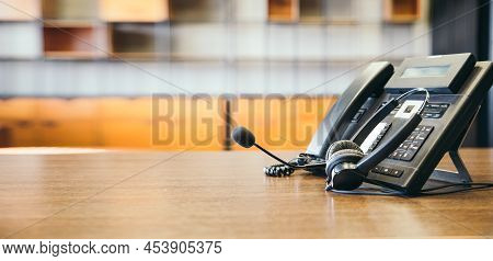 Headset And Customer Support Equipment At Call Center Ready For ...