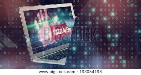 Mid section of hacker using credit card and laptop against virus alert against blue technology ...