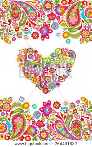 Hippie t shirt print with colorful flowers seamless border and floral ...
