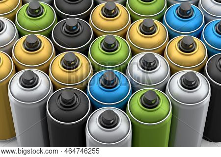 Set Of Spray Paint Cans In Row On White Background. Spray Bottle And ...