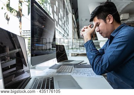 Man Programmer Stressed And Headache Project In Software Development Computer In It Company ...