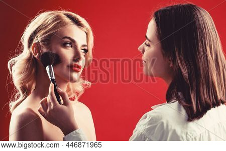 Process Of Making Makeup. Make-up Artist Working With Brush On Model ...