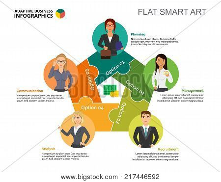 Five employees process chart slide template. Business data. Workflow ...