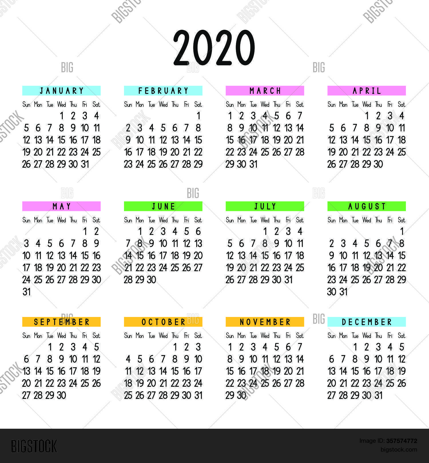 Calendar 2020. Week Vector & Photo (Free Trial) | Bigstock