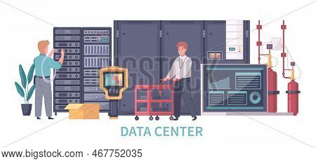 Datacenter Cartoon Composition With Text And View Of Servers Computers ...