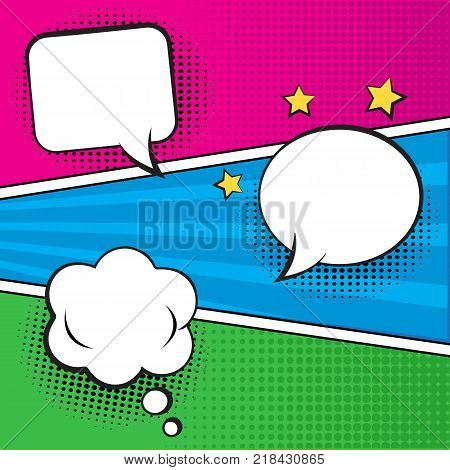 Retro comic empty speech bubbles set on colorful background. Vector illustration, vintage design ...
