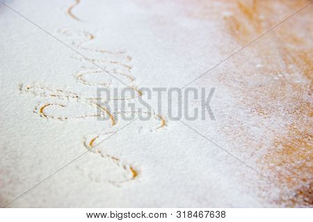 The Word Flour Written In Flour On A Wood. Acute Angle View - Stock ...