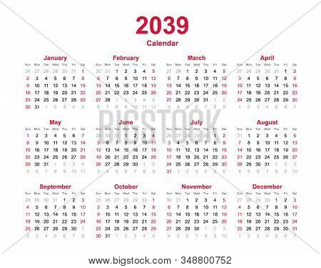 Calendar Year 2039. Vector & Photo (Free Trial) | Bigstock