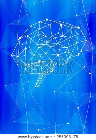 human brain & triangles, lines, dots located on a color technological ...