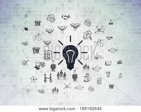Business concept: Painted black Light Bulb icon on Digital Data Paper background with Hand Drawn ...