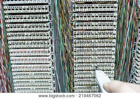 Telephone line cabinet connections of anolog cables - Stock Image ...