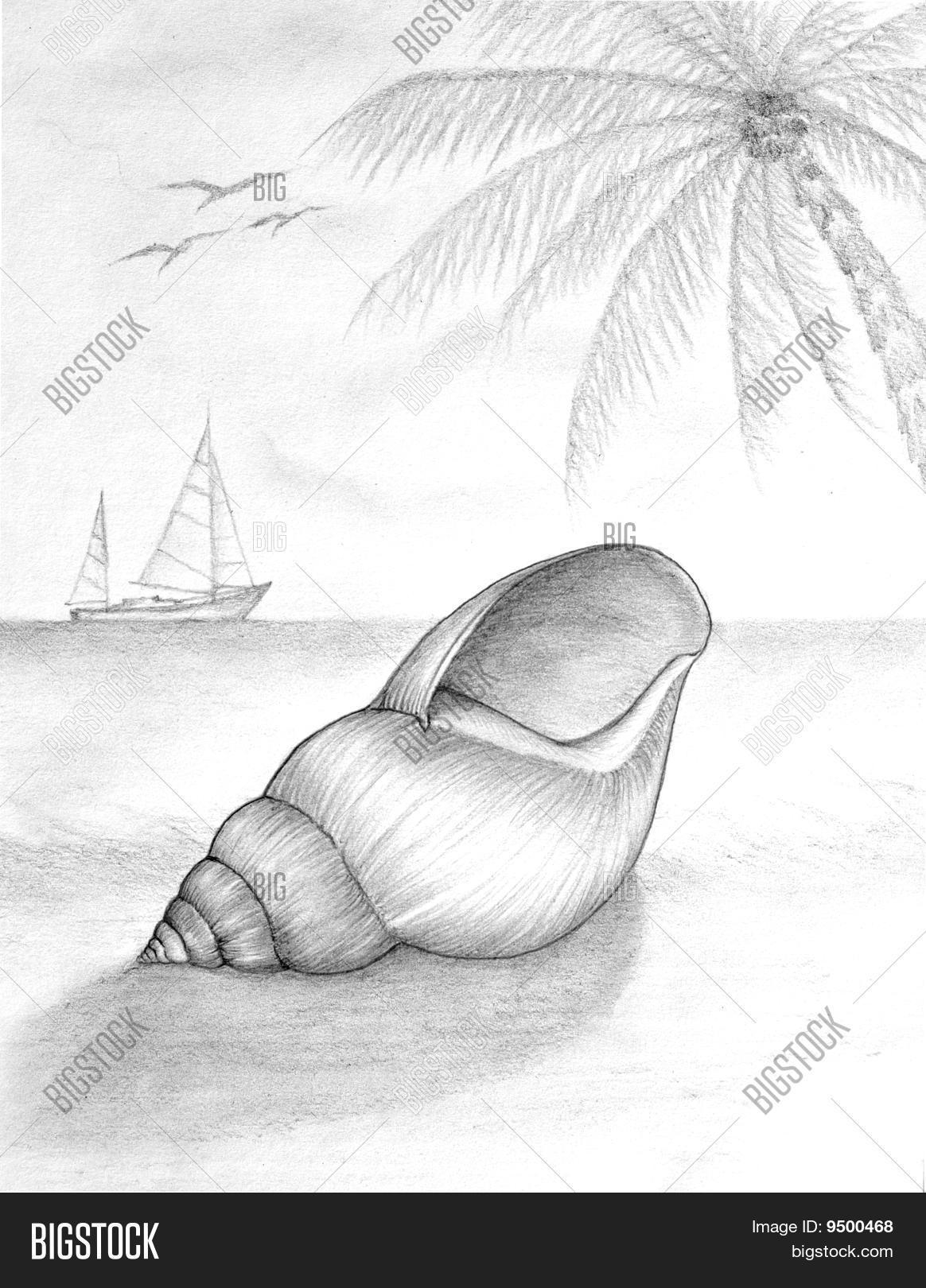 Pencil Drawing Beach Scene Image & Photo | Bigstock