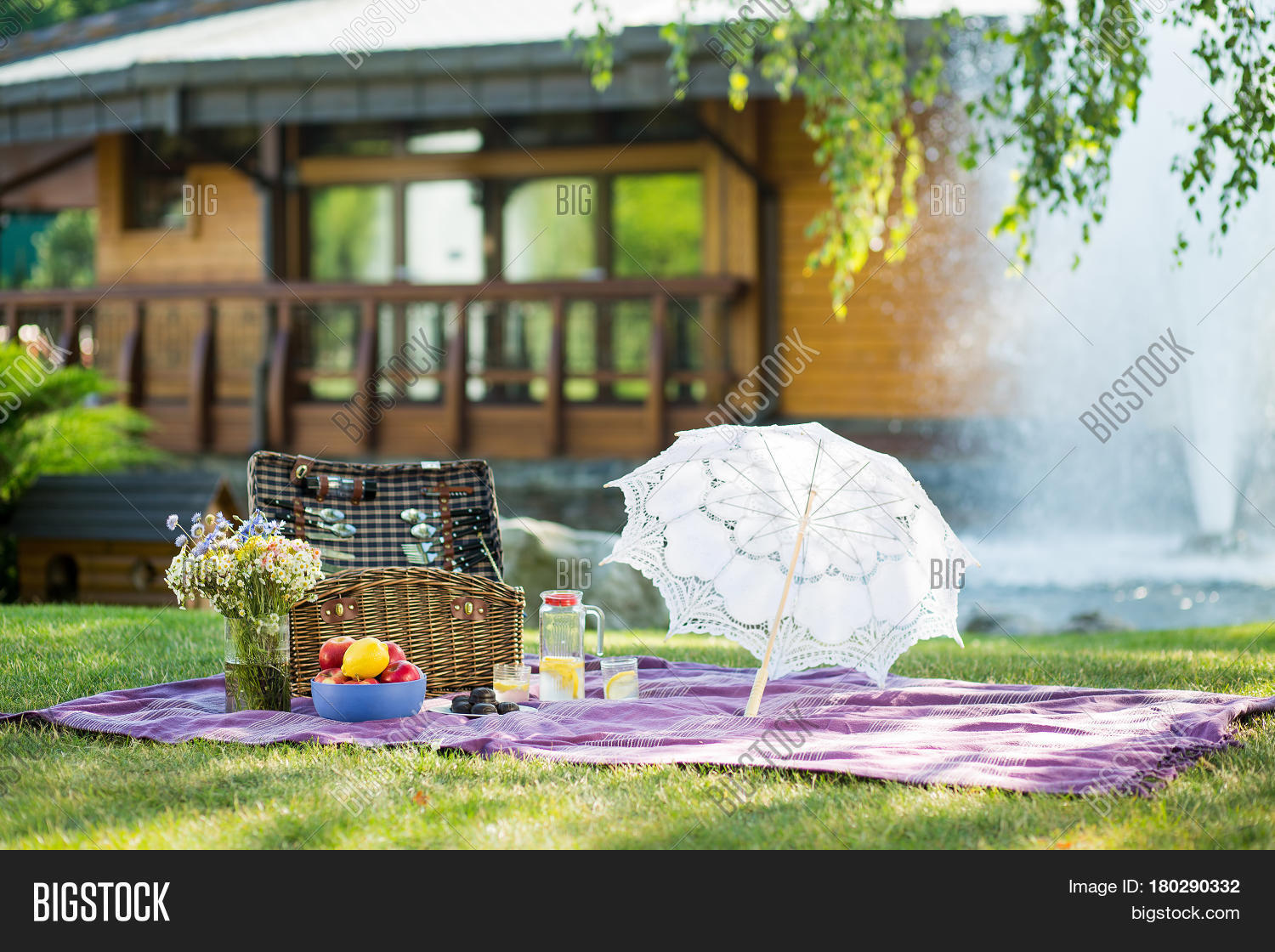 Beautiful picnic setting on sunny day. Outdoor picnic set lying on ...