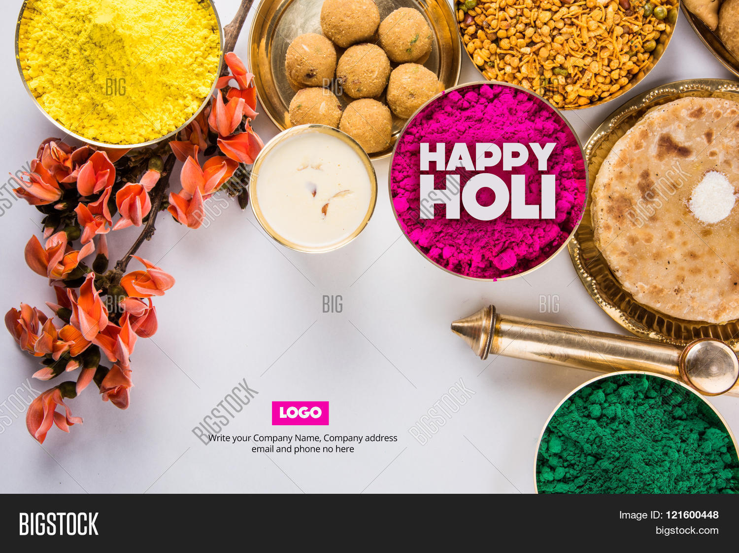 happy holi greeting card, holi food and colours Stock Photo & Stock ...