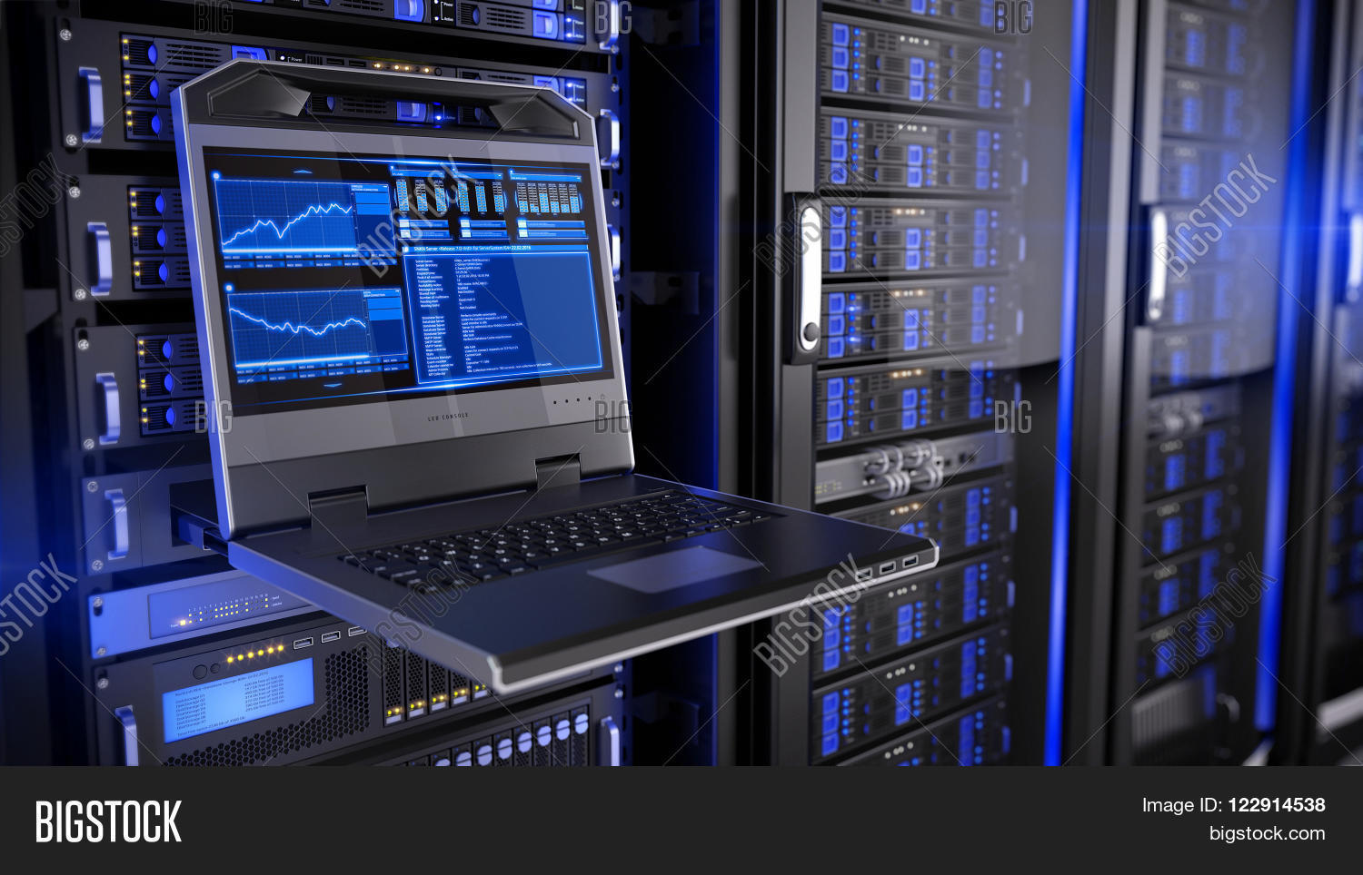 Rackmount LED console in server room data center Stock Photo & Stock ...