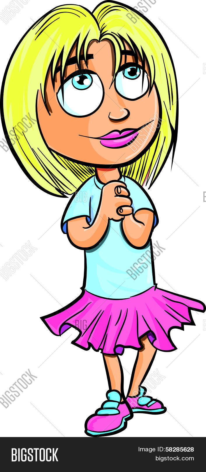Cute Cartoon Girl Looking Clasping Vector & Photo | Bigstock