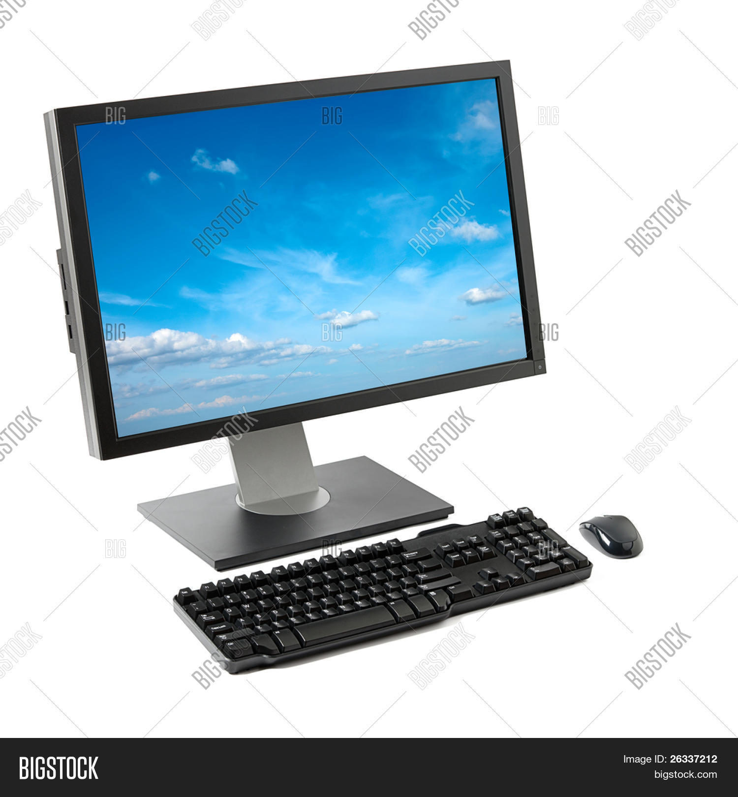Computer (monitor screen, keyboard, mouse) with sky isolated Stock ...