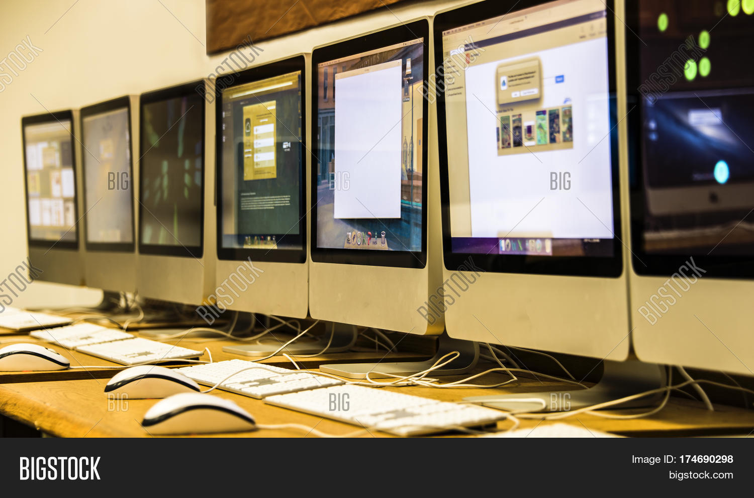 Computer concept. Computer lab. Computer terminals. Business room and ...