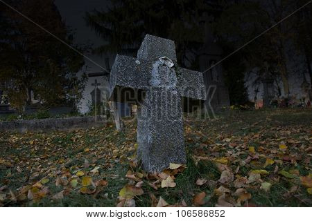 Spooky Leaning Cross Tomb Stones In A Dark Autumn Scene At Night. Old ...