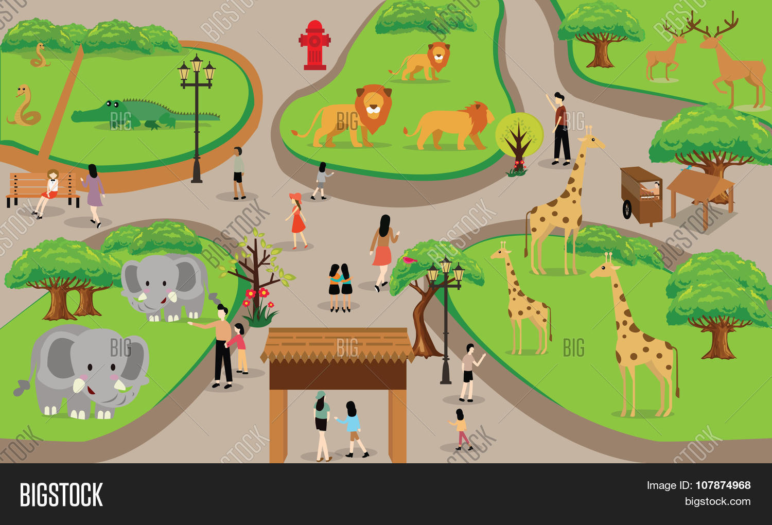 zoo cartoon people family with animals scene vector illustration ...