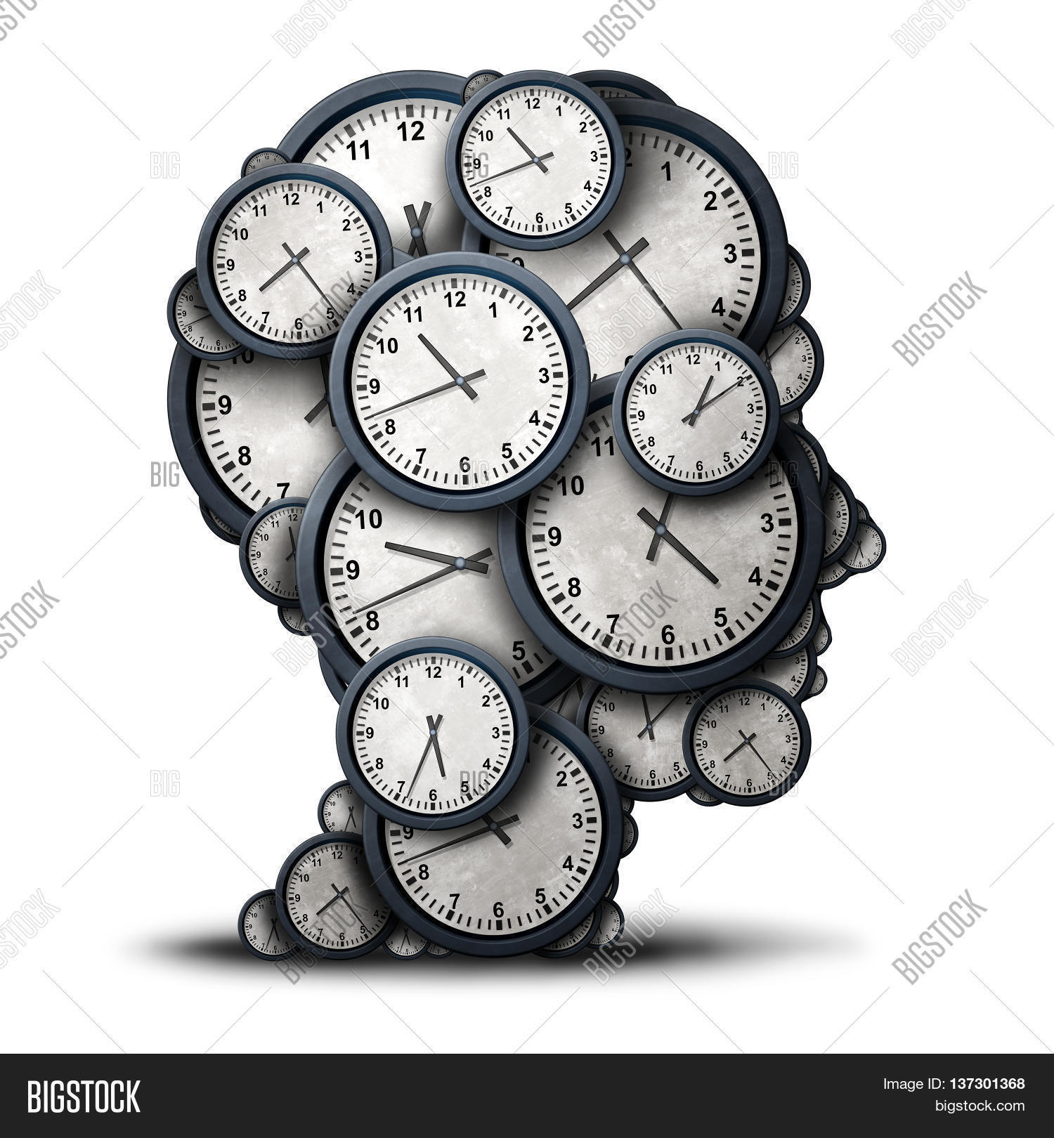 Thinking time concept as a group of clock objects shaped as a human ...